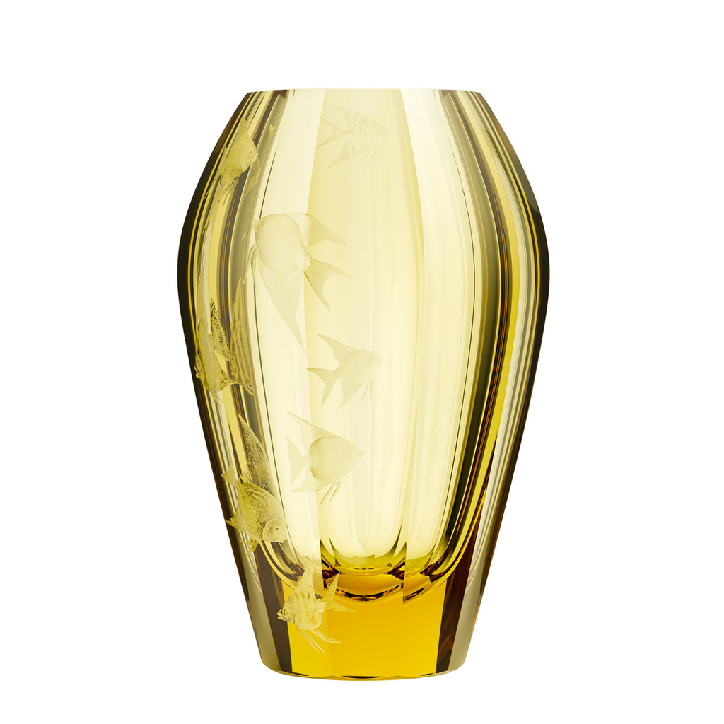 Yellow Diva vase with an engraved motif of fish. Lead-free crystal vase ...