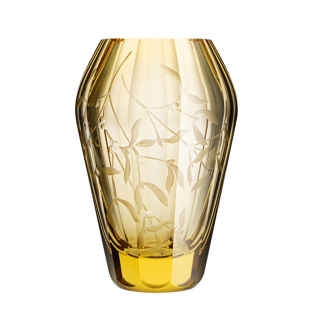 Yellow Diva vase with an engraved motif of mistletoe by Moser
