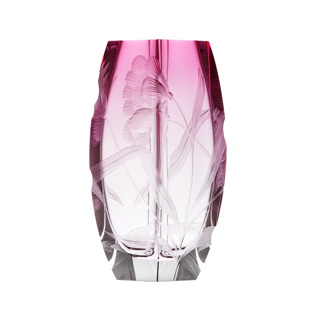 Pink hand-cut Bohemian crystal, engraved vase Blossom by Moser