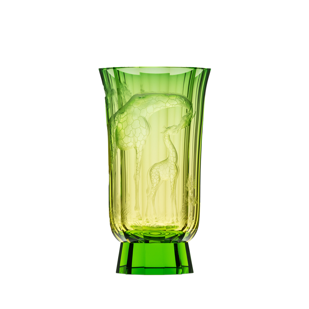 Green Mambo vase with engraved giraffes. Hand-cut Moser crystal