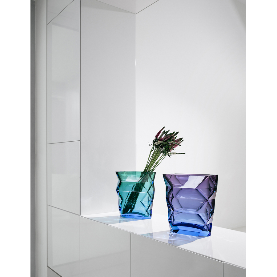 Purple blue Polygon modern vase from cut Czech crystal by Moser