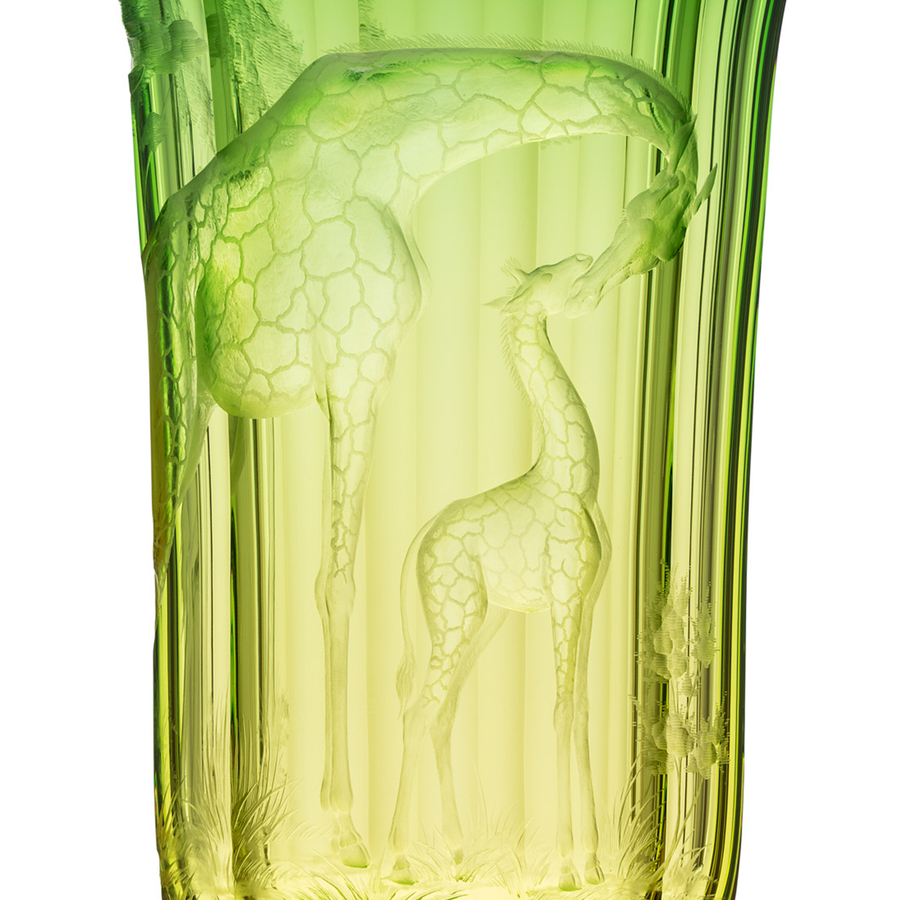 Green Mambo vase with engraved giraffes. Hand-cut Moser crystal