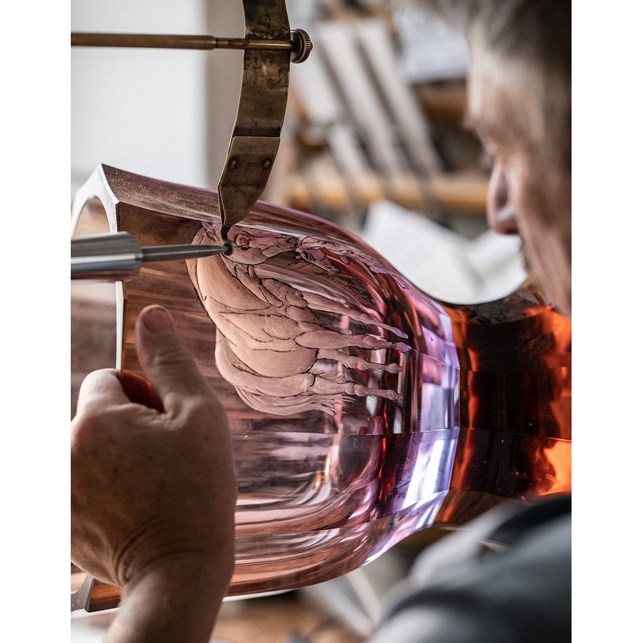 Orange Paso doble vase with engraving of horses. Hand cut Moser crystal