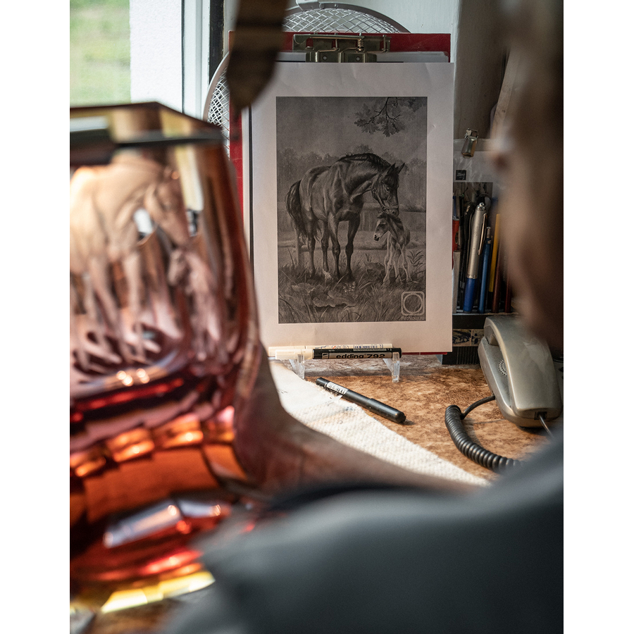 Orange Paso doble vase with engraving of horses. Hand cut Moser crystal