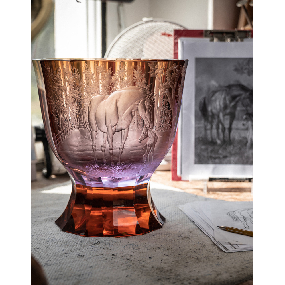 Orange Paso doble vase with engraving of horses. Hand cut Moser crystal